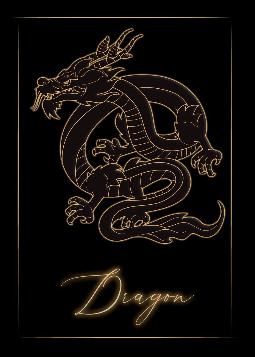 'Gold dragon black card' Poster, picture, metal print, paint by Vardi ...