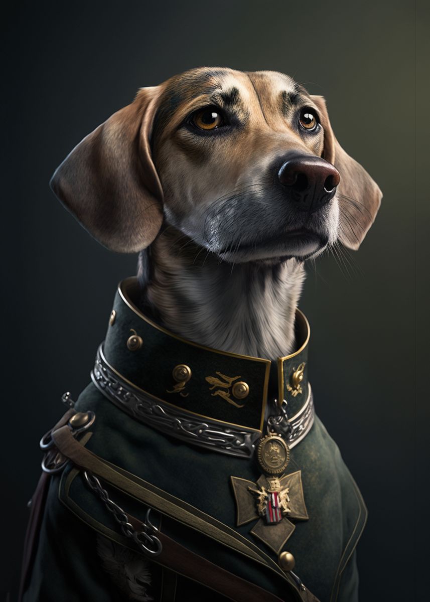 'An elegant dog in military' Poster, picture, metal print, paint by Anh ...