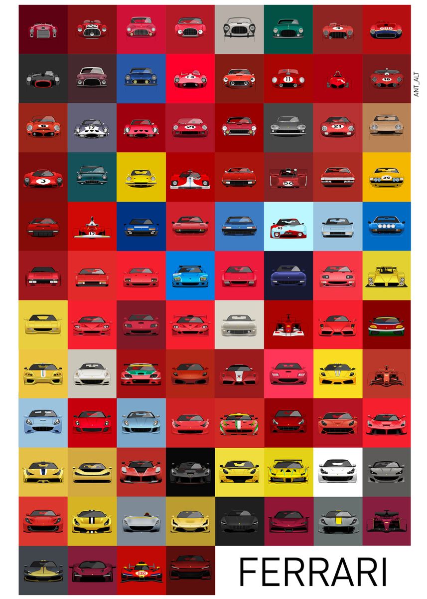 '100 Ferrari' Poster, picture, metal print, paint by Alt ILLUSTRATIONS | Displate