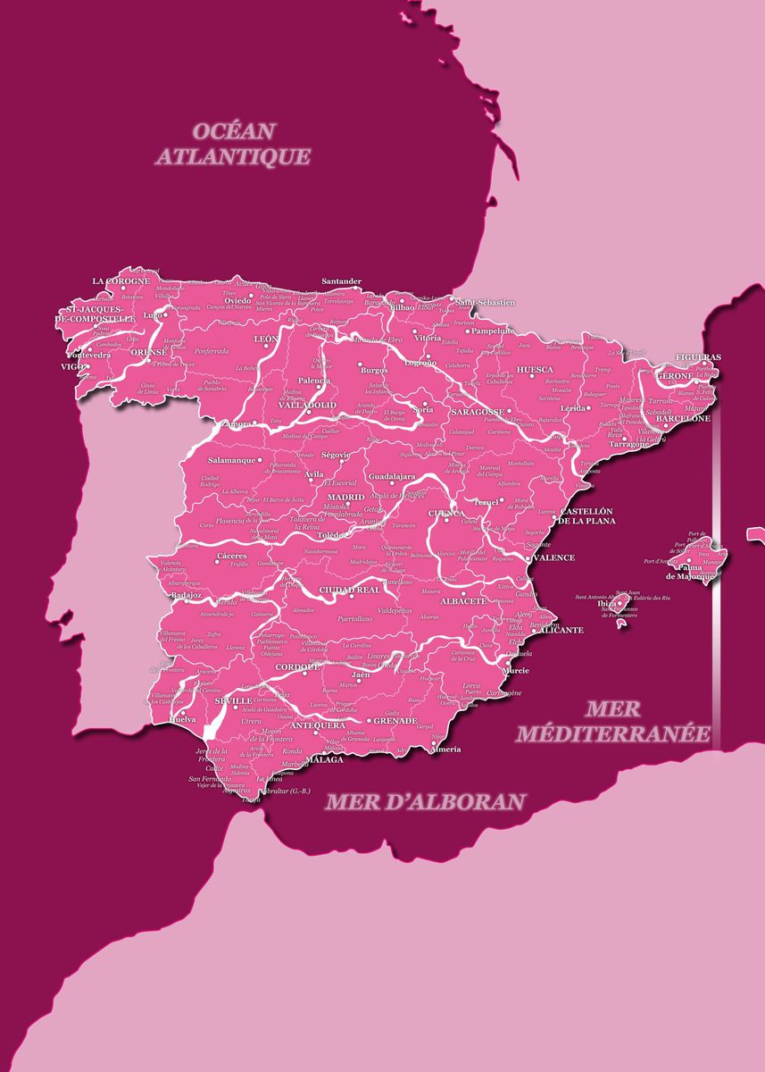 'Map of Spain : Pink' Poster, picture, metal print, paint by Ghost ...