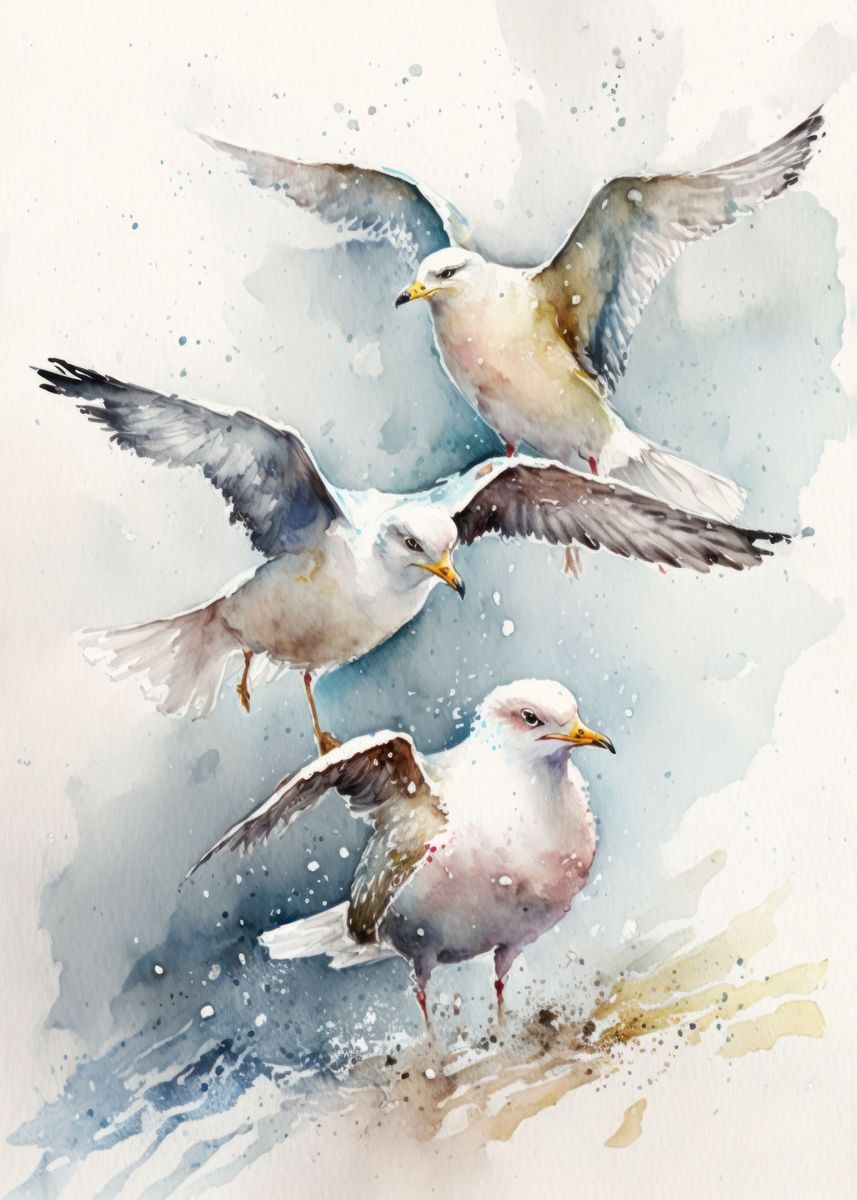 'Watercolor Seagulls' Poster, picture, metal print, paint by Usama ...