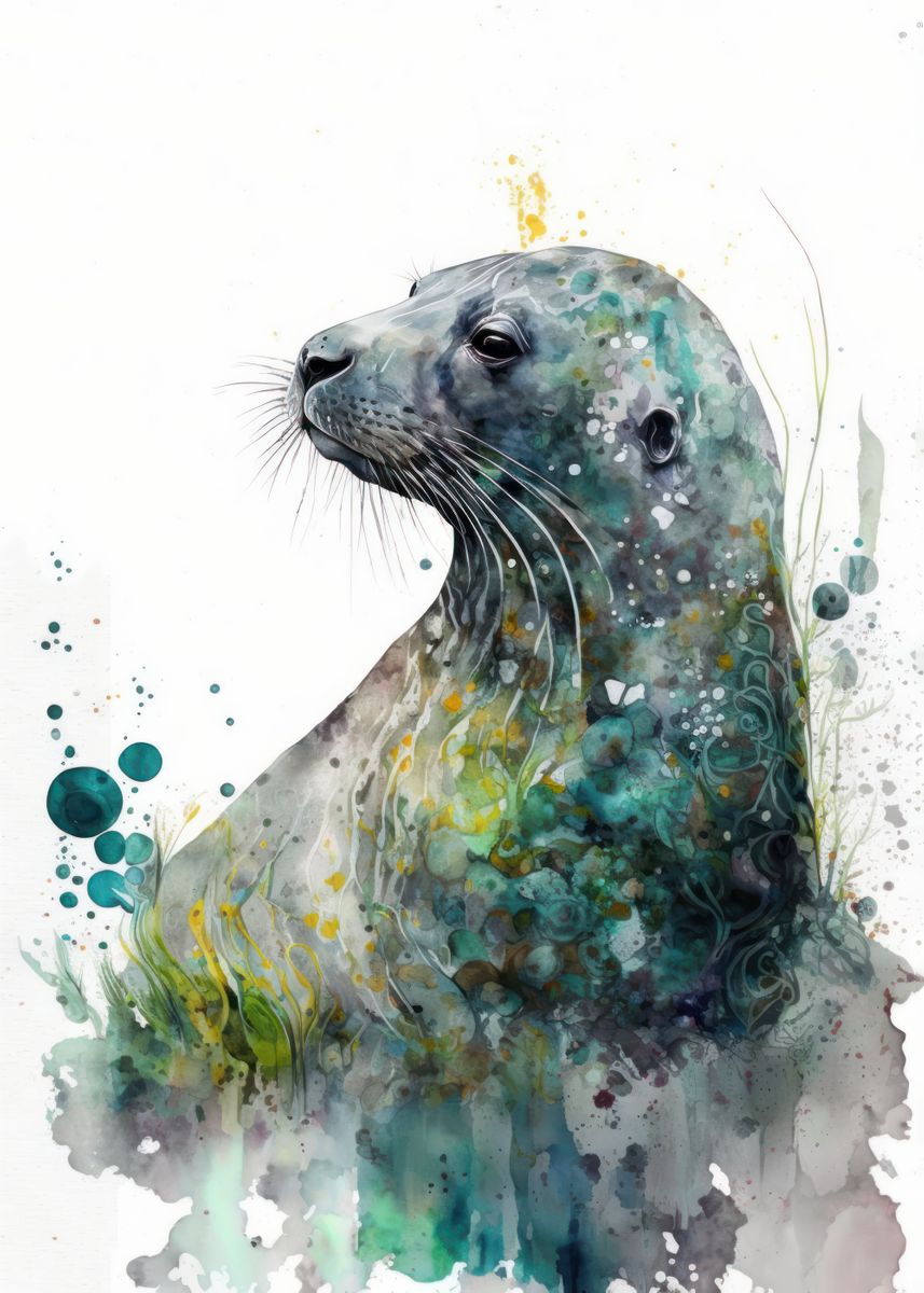 'Sleek Seal Watercolor' Poster, picture, metal print, paint by Usama ...
