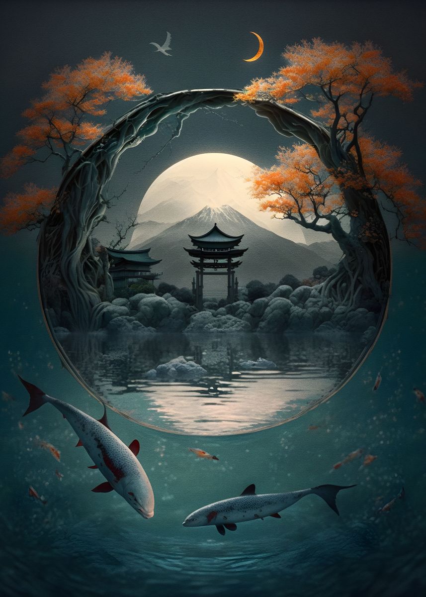 'fish pond and japanese gat' Poster, picture, metal print, paint by ...