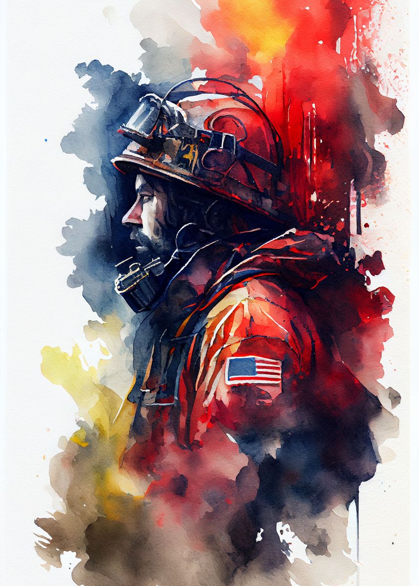 'Firefighter Watercolor' Poster, picture, metal print, paint by ...