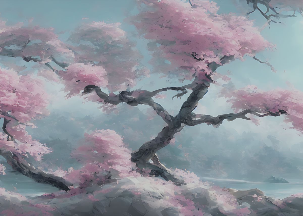 'Cherry Trees and River' Poster by Andrea Grasso | Displate