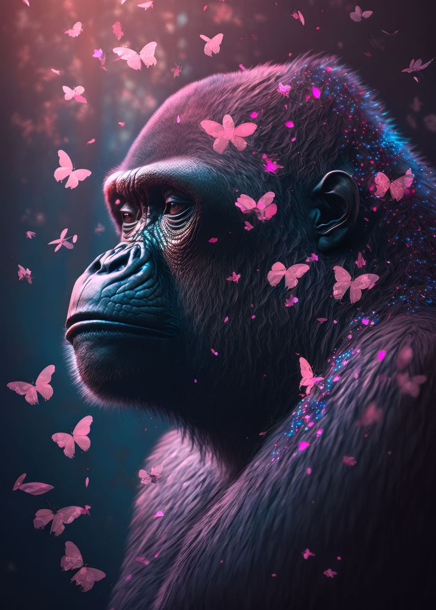 'Pink Butterflies Gorilla' Poster, picture, metal print, paint by Zenja ...