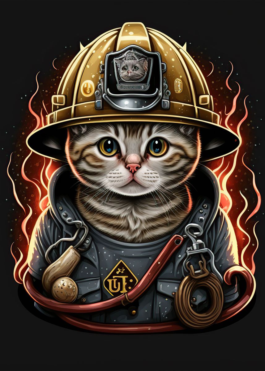 'Cat fireman' Poster, picture, metal print, paint by Yannis Denton ...