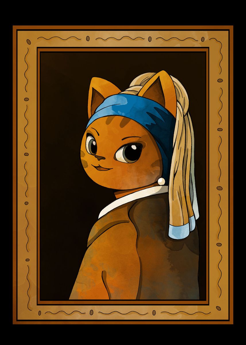 'The Cat with the Pearl Ear' Poster, picture, metal print, paint by Valentina Fabbri | Displate