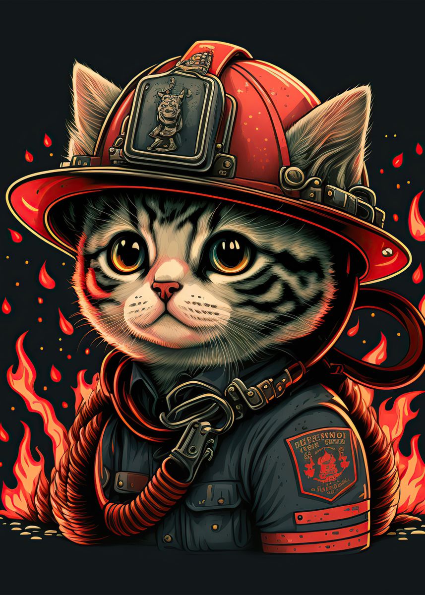 'Cat fireman' Poster, picture, metal print, paint by Yannis Denton ...