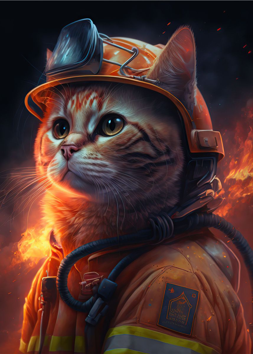 'Cat fireman' Poster, picture, metal print, paint by Yannis Denton ...
