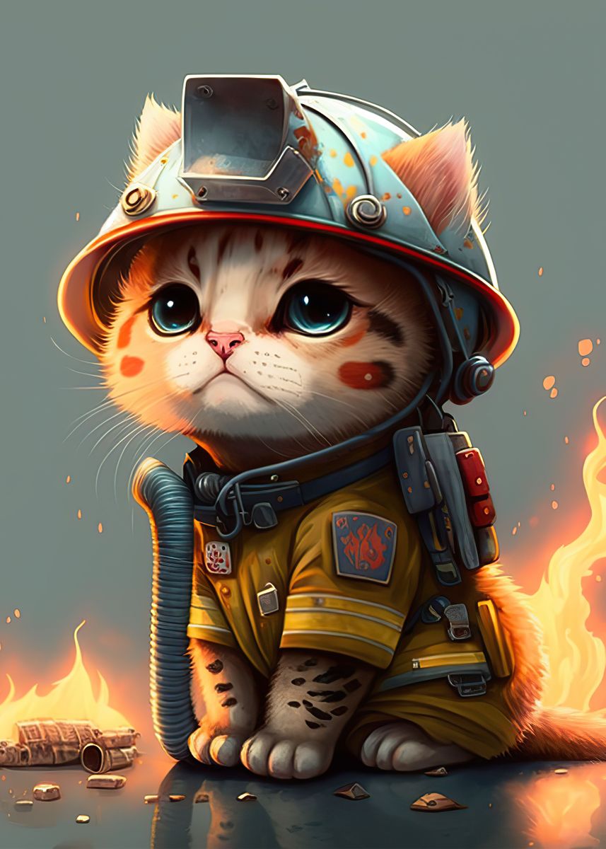 'Cat fireman' Poster, picture, metal print, paint by Yannis Denton ...