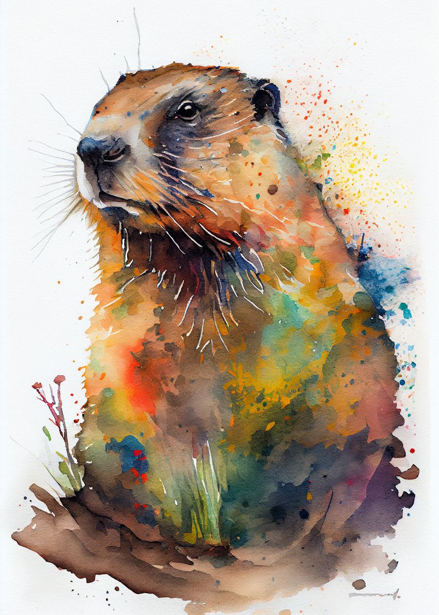 'Groundhog Marmot Watercolo' Poster, picture, metal print, paint by ...