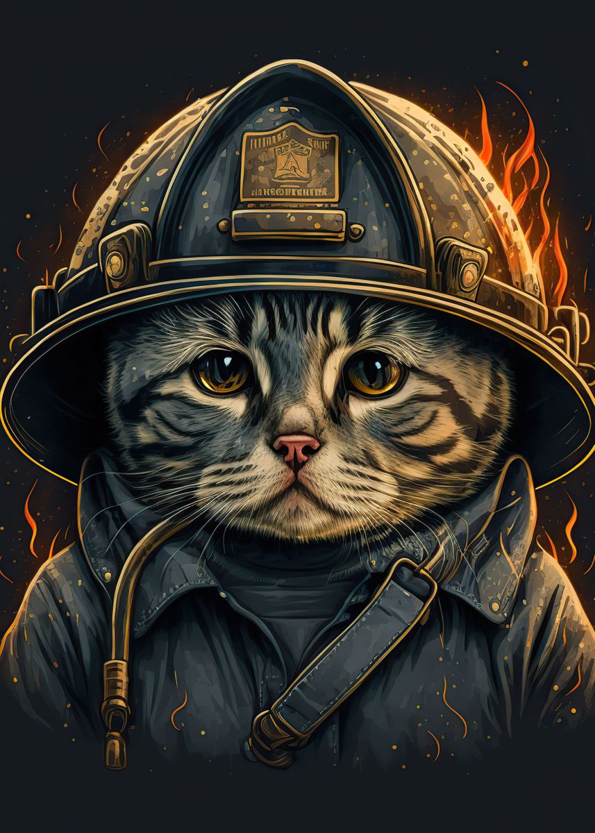 'Cat fireman' Poster, picture, metal print, paint by Yannis Denton ...