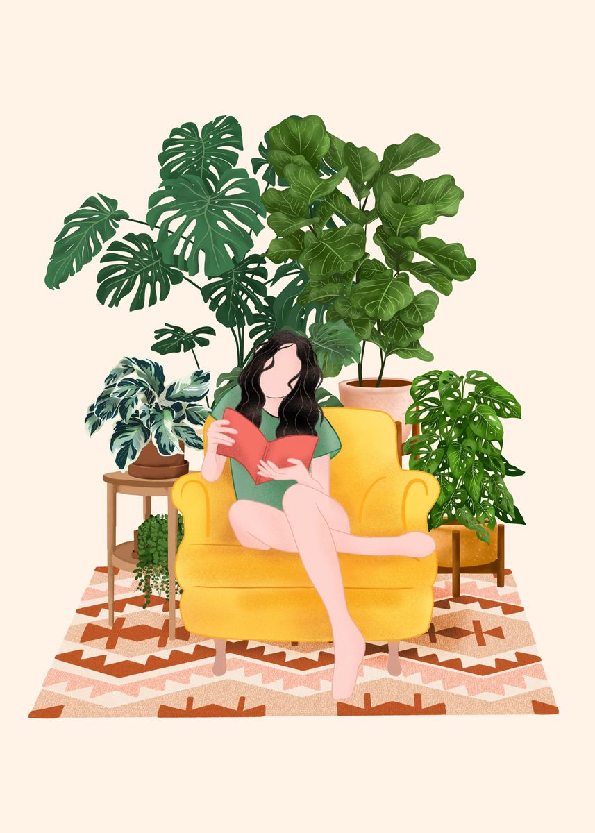 'Plant lady reading' Poster, picture, metal print, paint by Gush Art ...