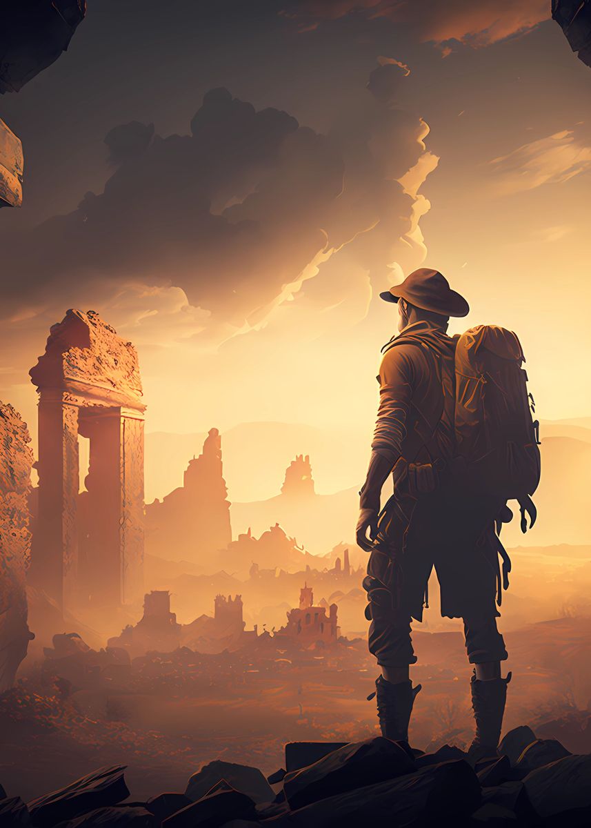 'Explorer looking at ruins' Poster, picture, metal print, paint by JLD ...