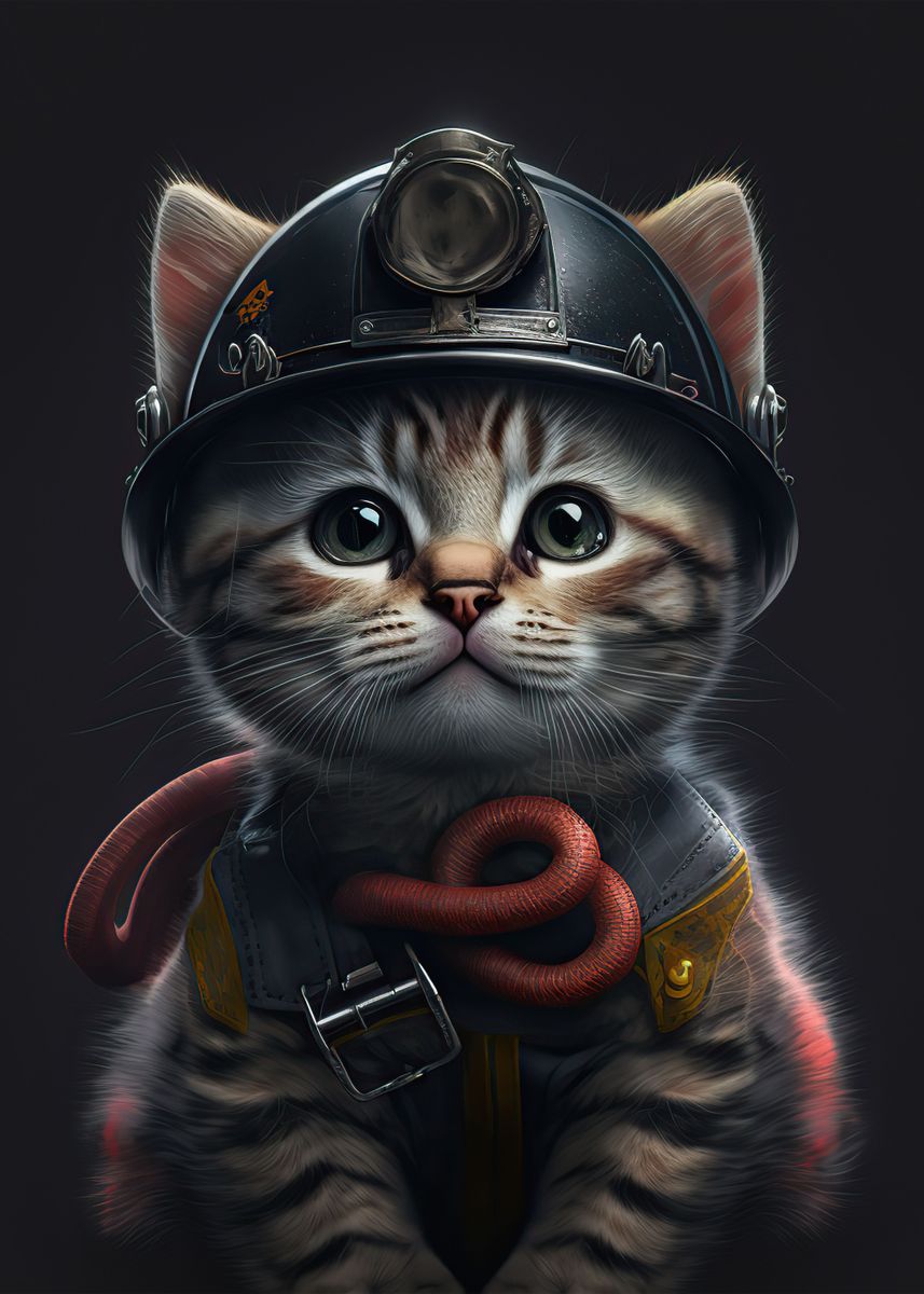 'Cat fireman' Poster, picture, metal print, paint by Yannis Denton ...