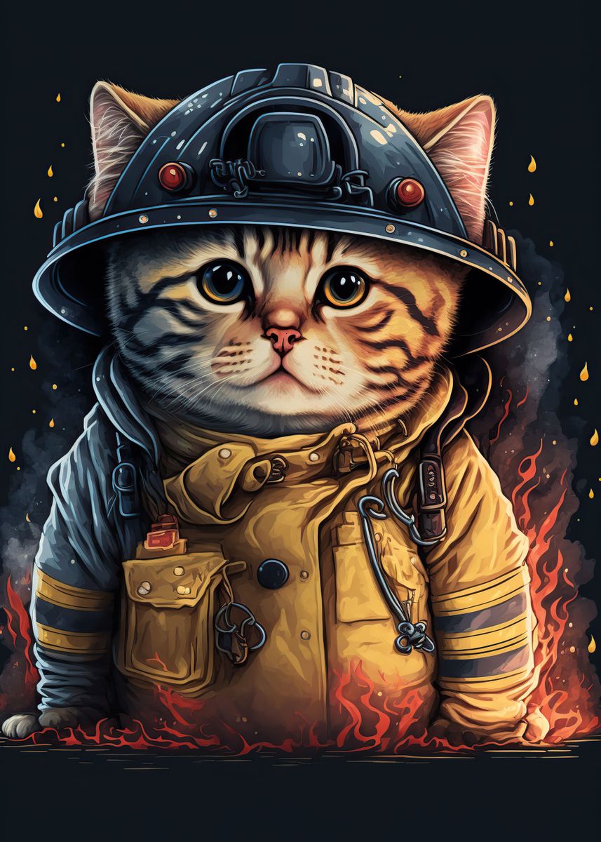 'Cat fireman' Poster, picture, metal print, paint by Yannis Denton ...
