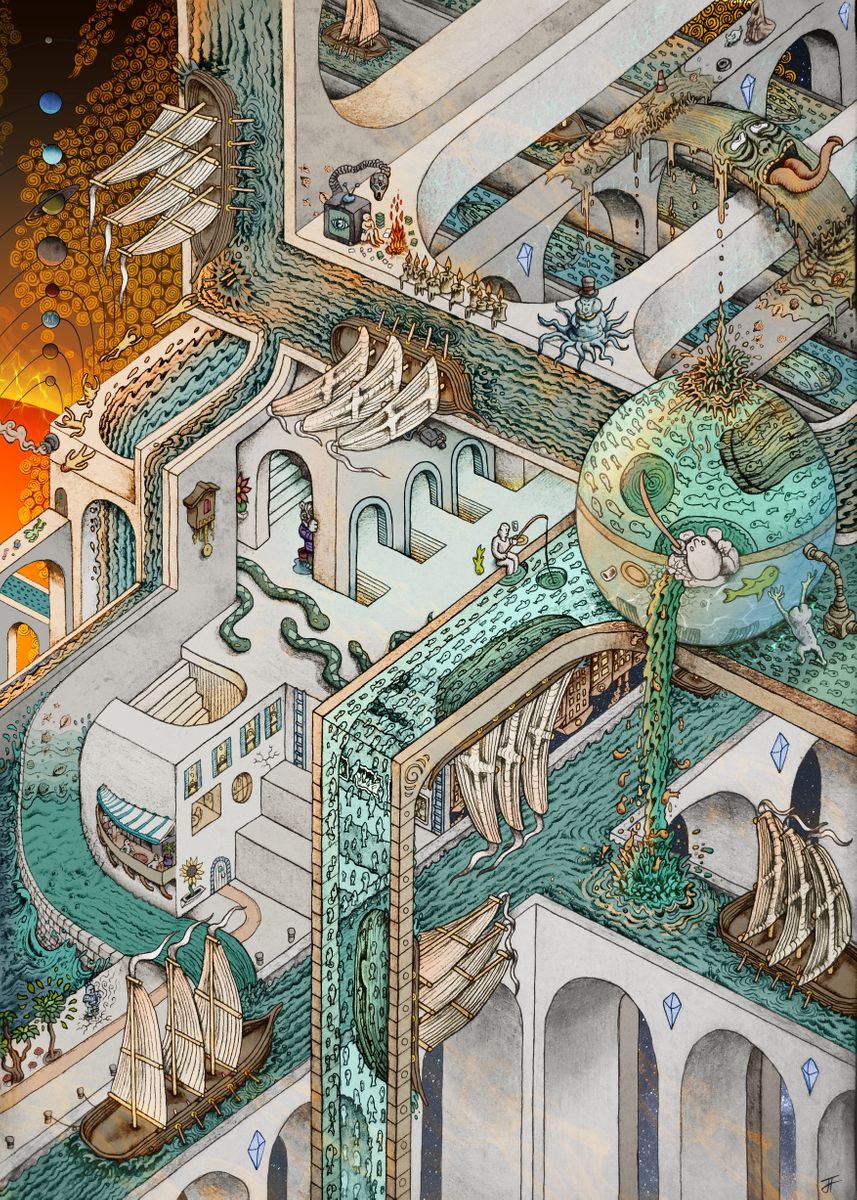 'Fishing for Escher' Poster, picture, metal print, paint by ...