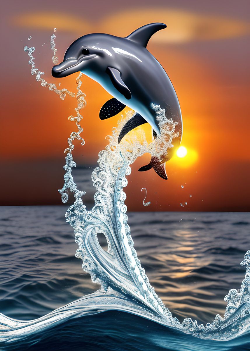 'Dolphin Fish by Sunset Sea' Poster, picture, metal print, paint by Max ...