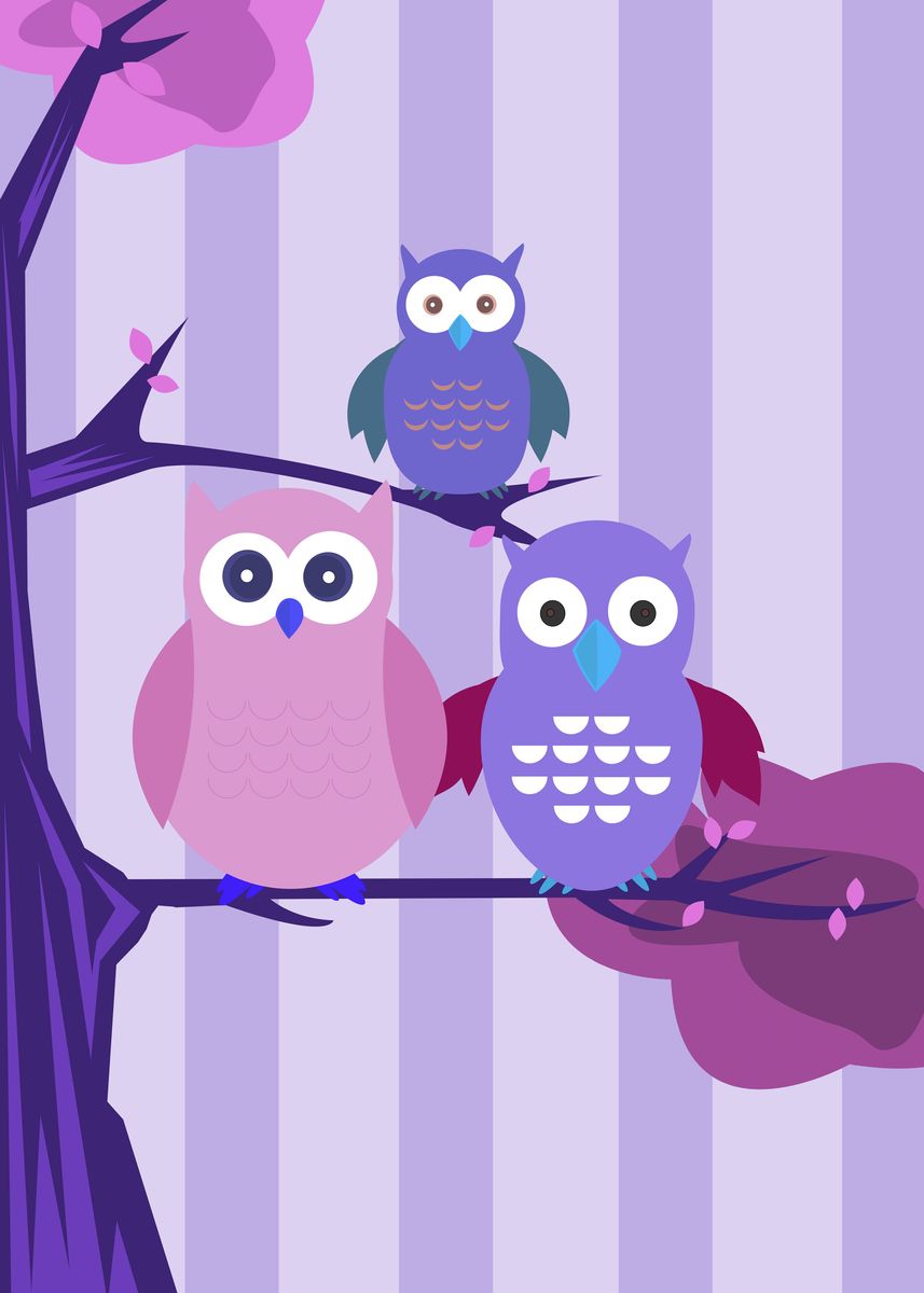 'Purple Owls' Poster, picture, metal print, paint by Adamzworld | Displate