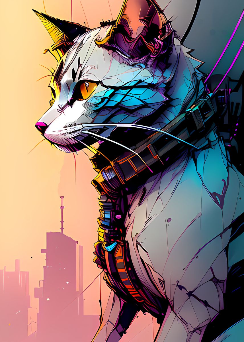 'Cyber Figther Cat Artwork' Poster, picture, metal print, paint by ...