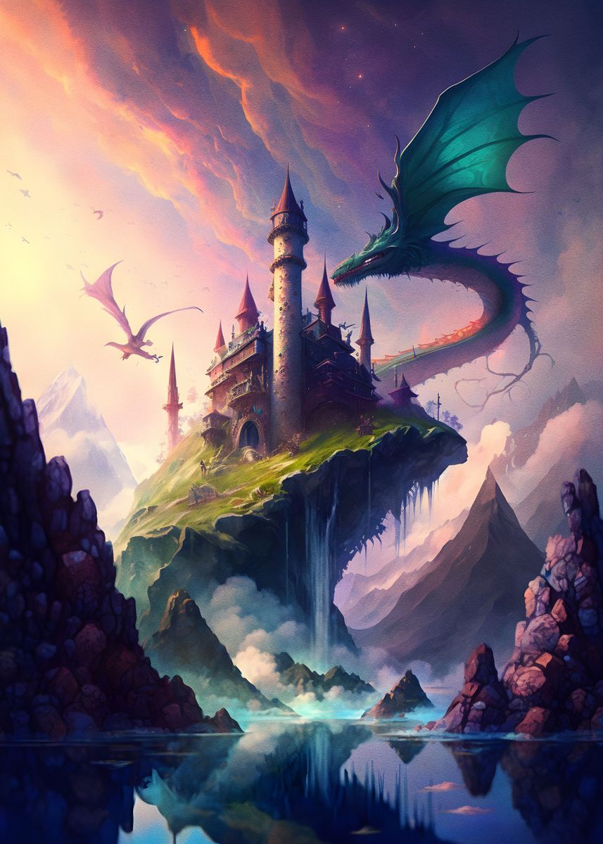 'flying dragin in palace' Poster, picture, metal print, paint by ...