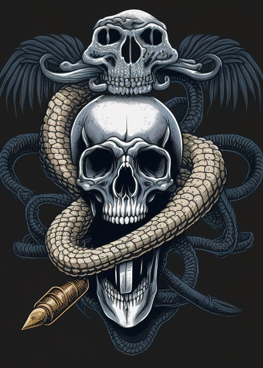 'Snake with sword and skull' Poster, picture, metal print, paint by ...