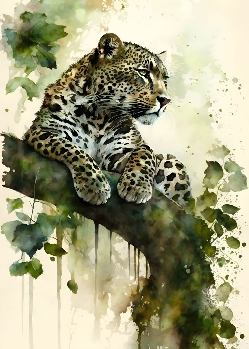 'Leopard On A Tree Branch' Poster, picture, metal print, paint by ...