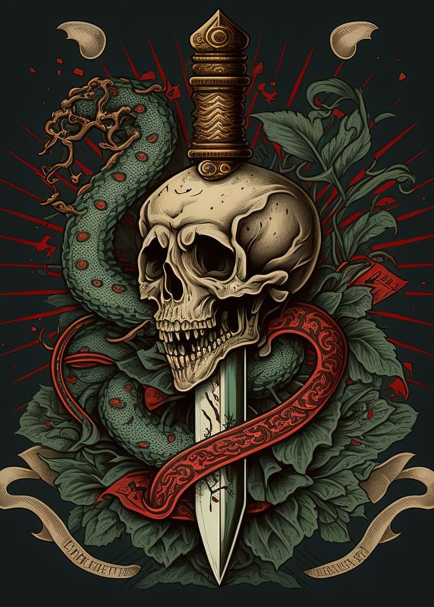 'Snake with sword and skull' Poster, picture, metal print, paint by ...