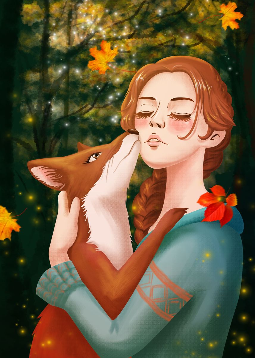 'Girl and Fox Hug' Poster by Fateh Lahlah | Displate