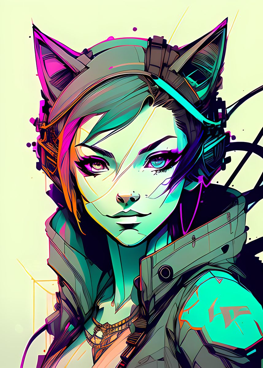 'Cyber Cat Girl Artwork' Poster, picture, metal print, paint by Rizky ...