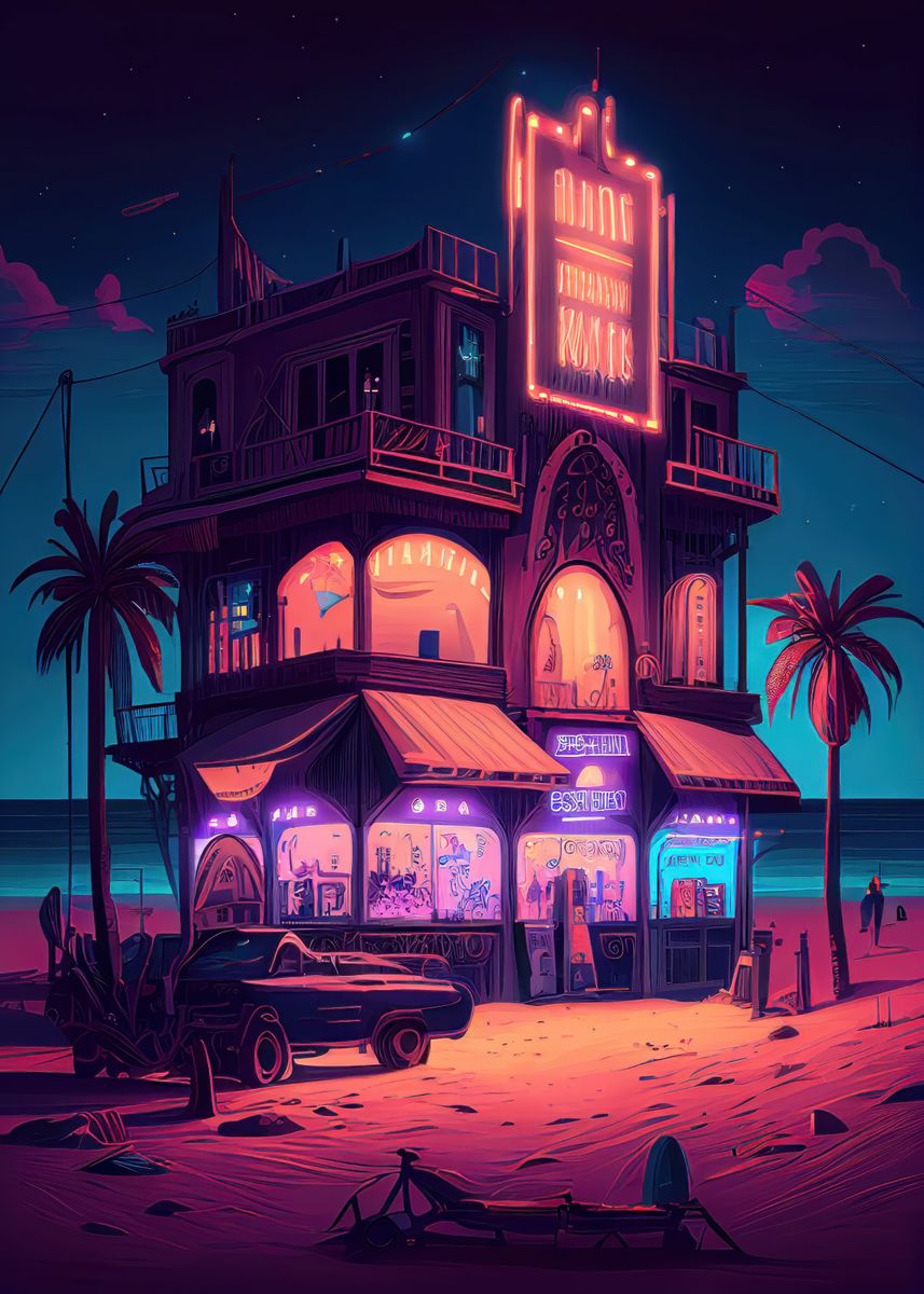 'Neon Fantasy Beach Bar' Poster, picture, metal print, paint by Beach ...