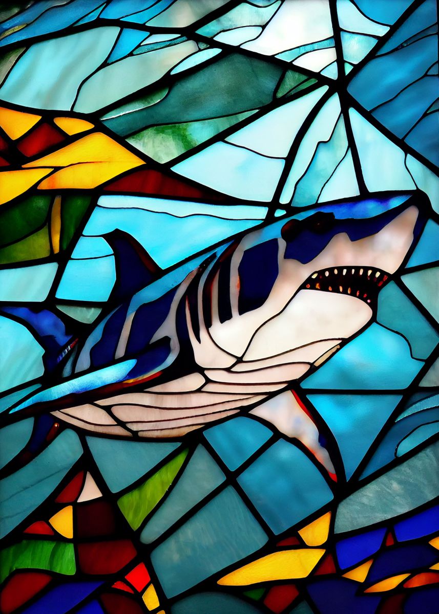 'Shark Stained Glass Style' Poster, picture, metal print, paint by ...
