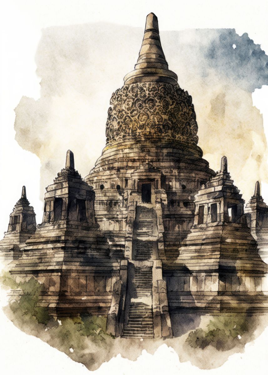 'Borobudur Temple Painting' Poster, picture, metal print, paint by ...