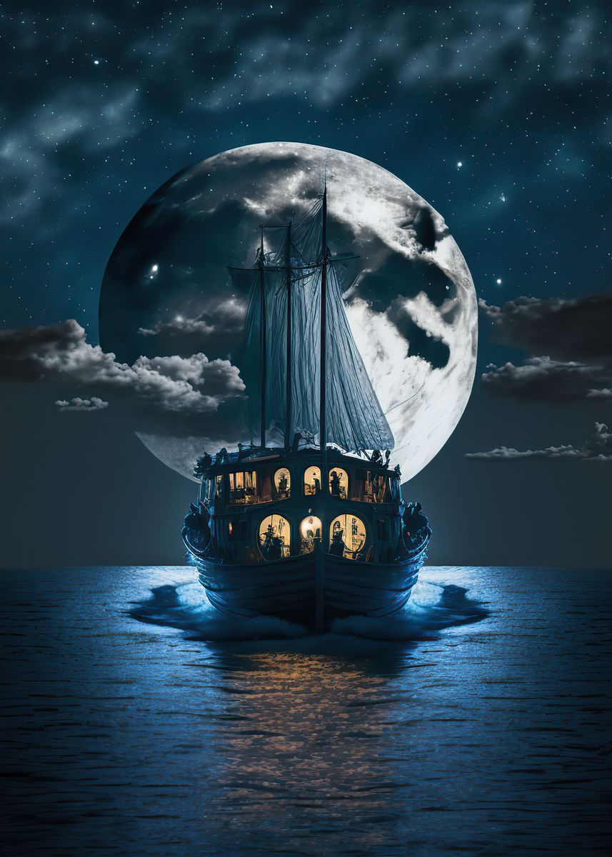 'boat moon night' Poster, picture, metal print, paint by paxtonronalda ...