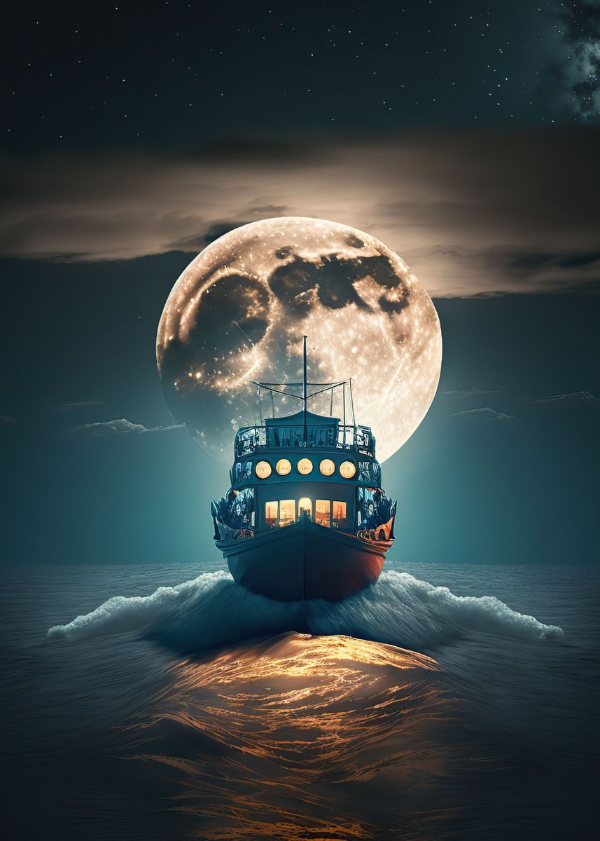 'boat moon night' Poster, picture, metal print, paint by paxtonronalda ...