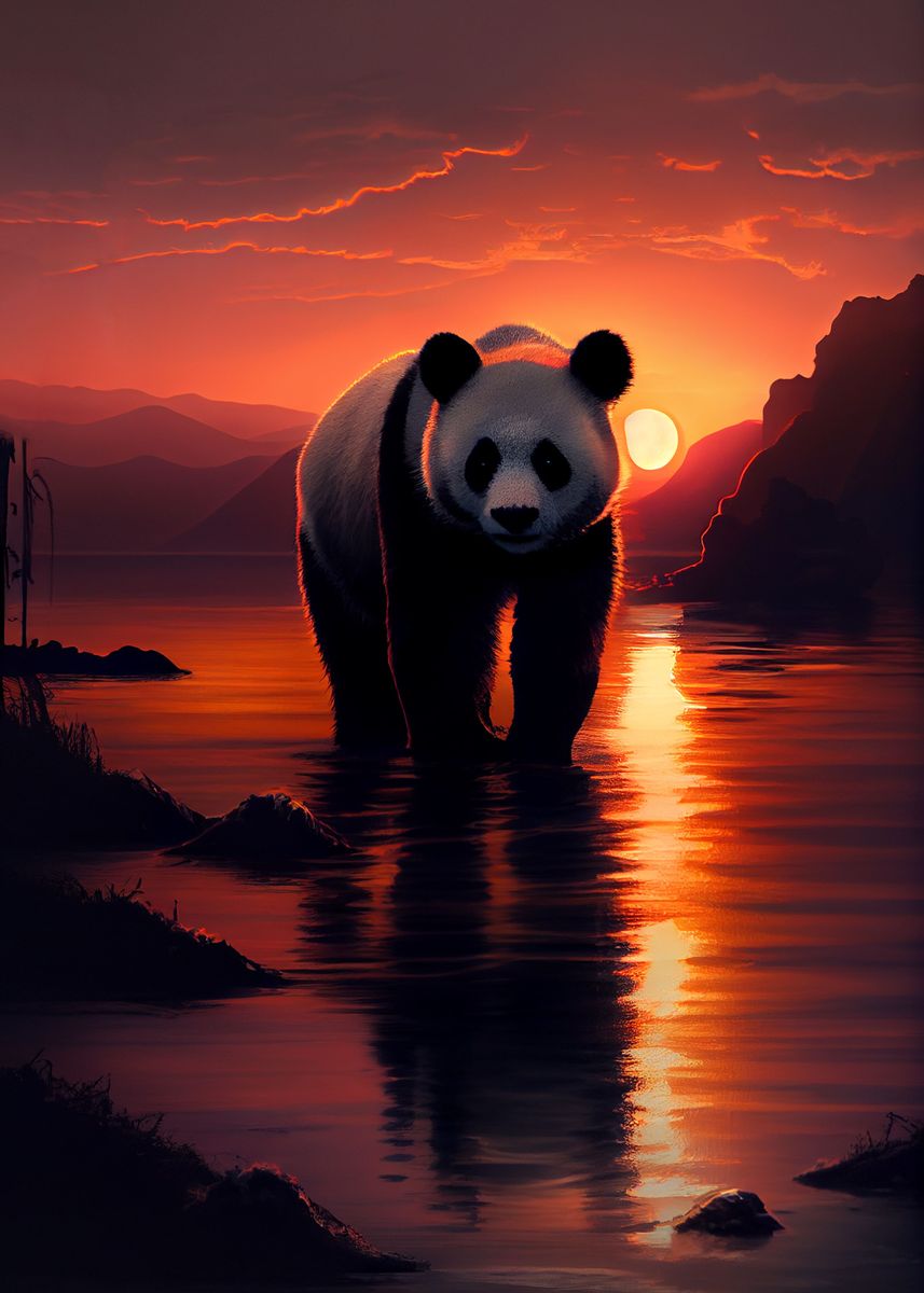 'Panda Sunset' Poster, picture, metal print, paint by DecoyDesign ...