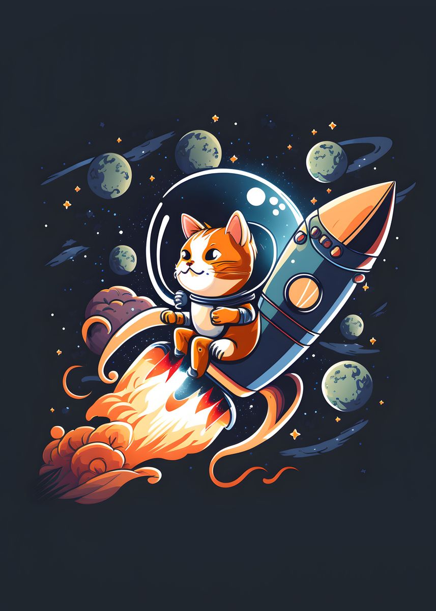 'Cat Riding Rocket at Space' Poster, picture, metal print, paint by V ...