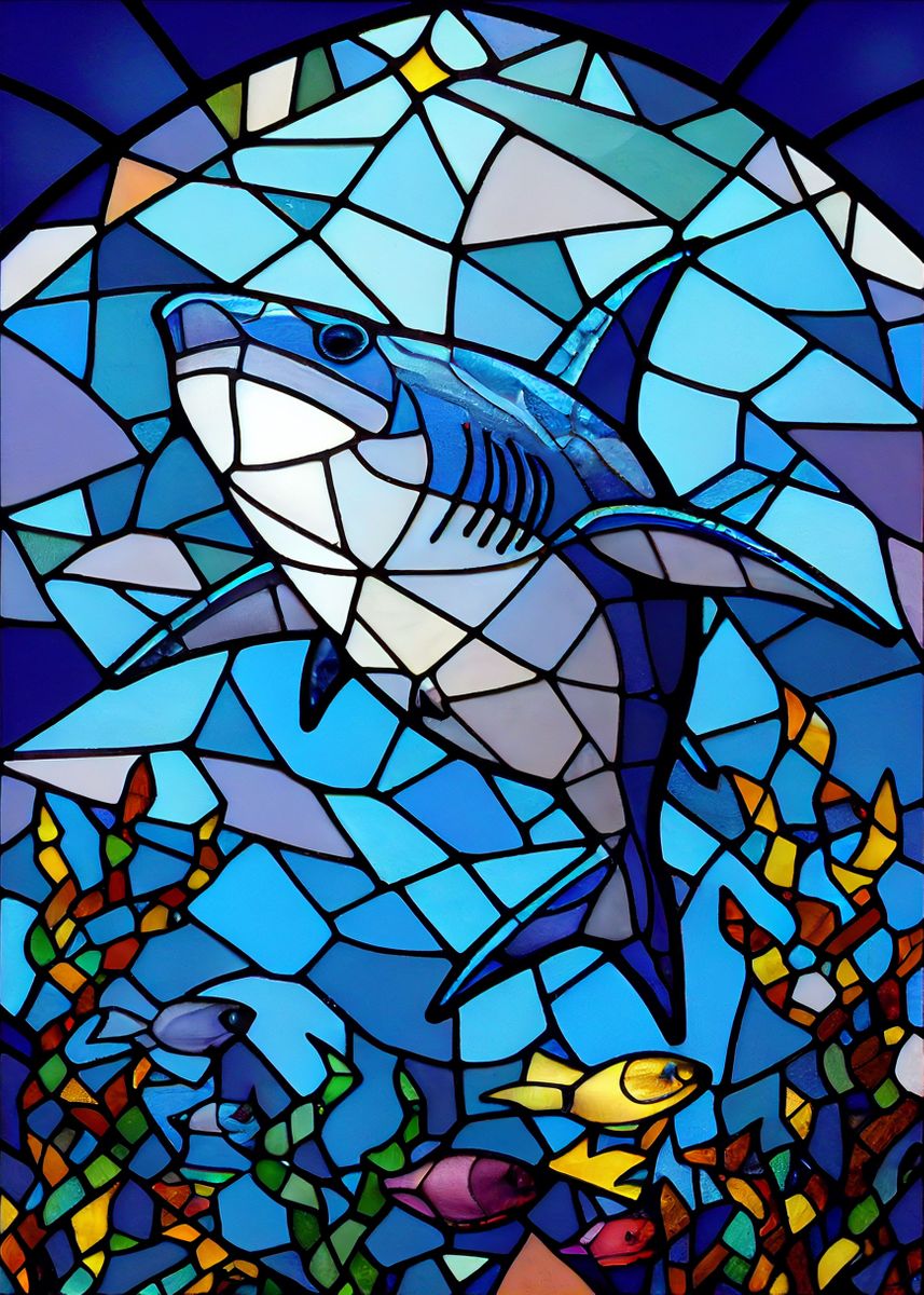 'Shark Stained Glass Style' Poster, picture, metal print, paint by ...