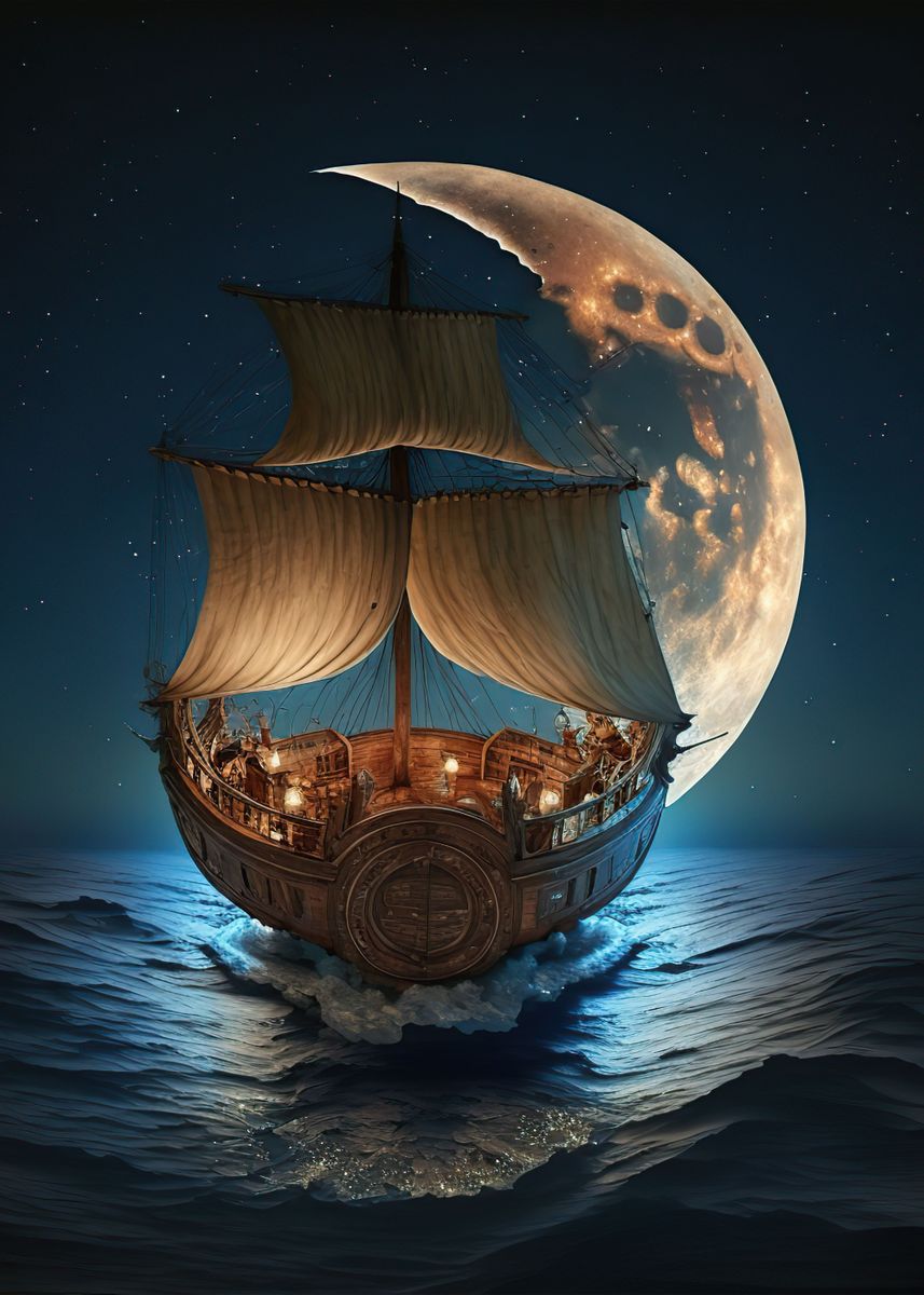 'boat moon night' Poster, picture, metal print, paint by paxtonronalda ...