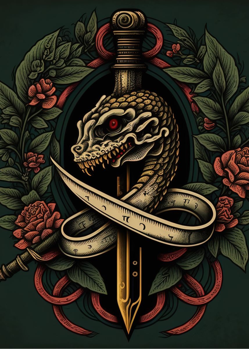 'Snake with sword and skull' Poster, picture, metal print, paint by ...