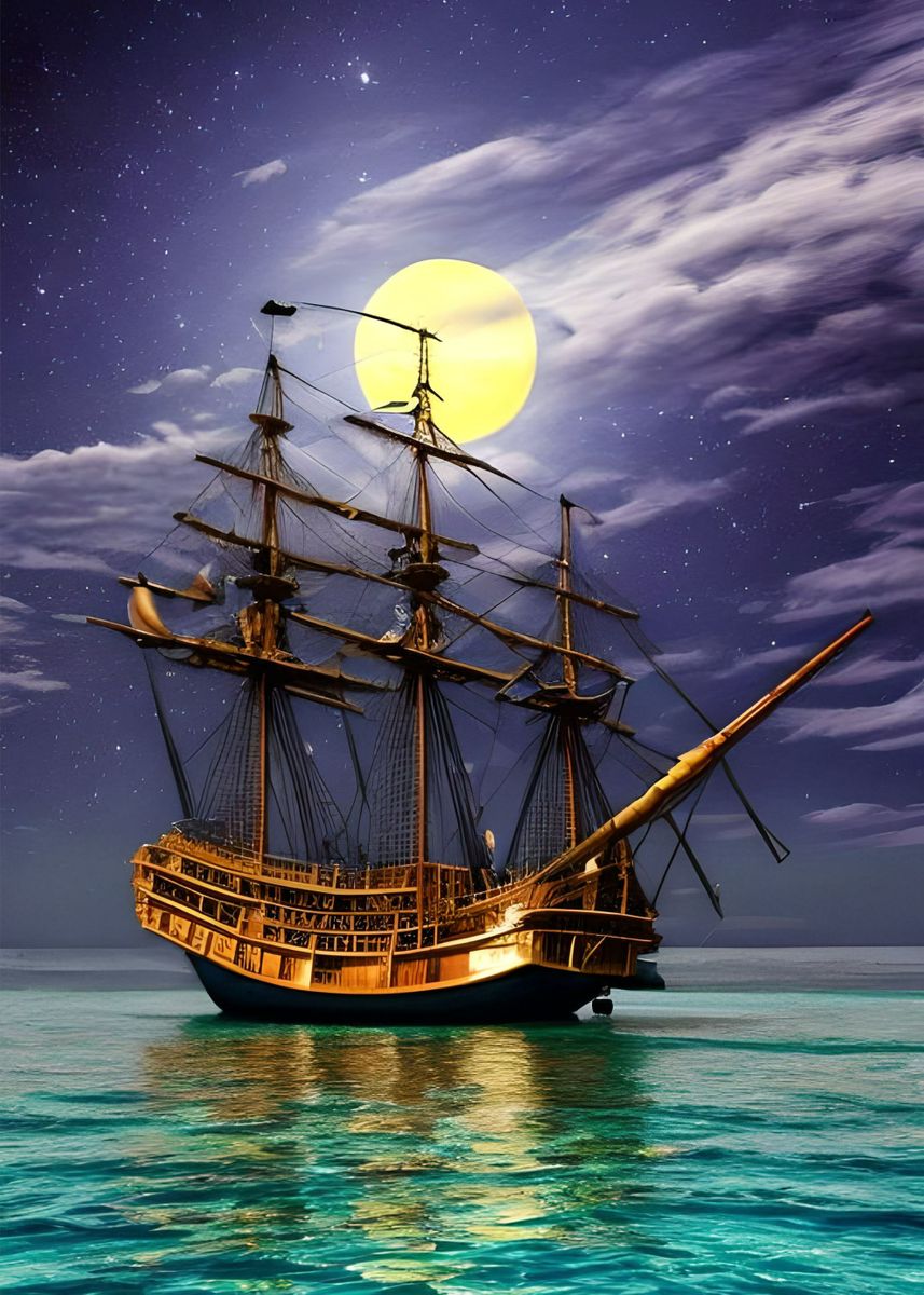 'Pirate Ship Moonlight' Poster, picture, metal print, paint by Creative ...