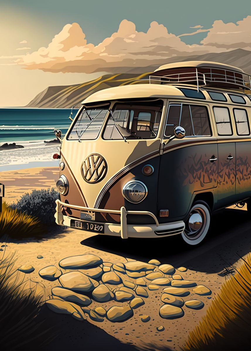 'Bus On The Beach' Poster, picture, metal print, paint by Chloe ...