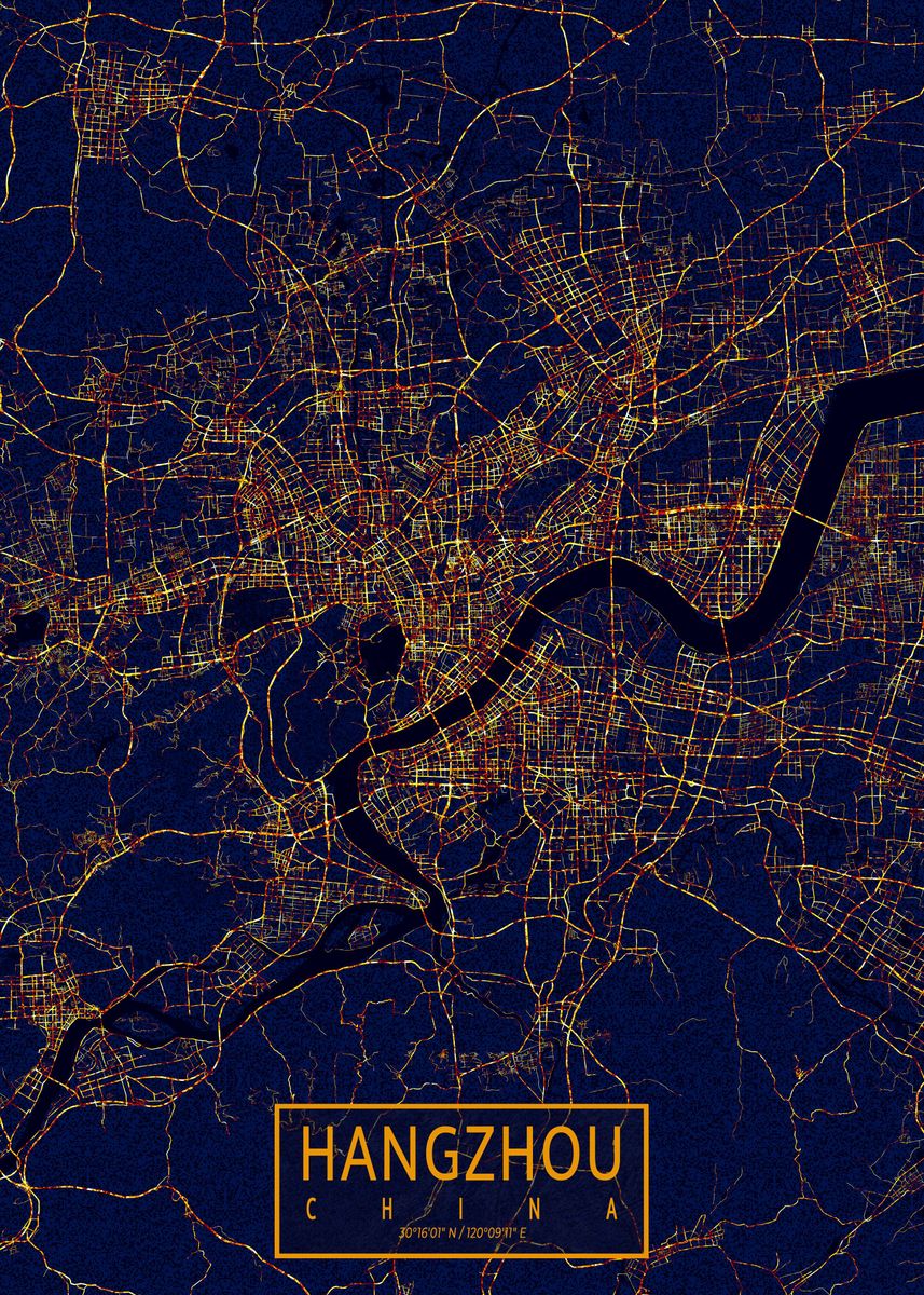 'Hangzhou Map City At Night' Poster, picture, metal print, paint by ...