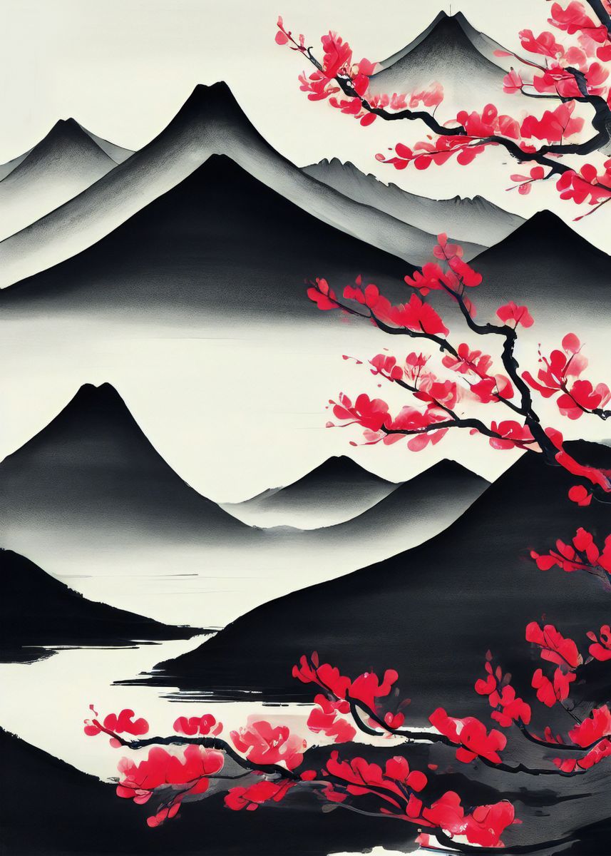 'Sumi E Wash Ink Landscape' Poster, picture, metal print, paint by Juka ...