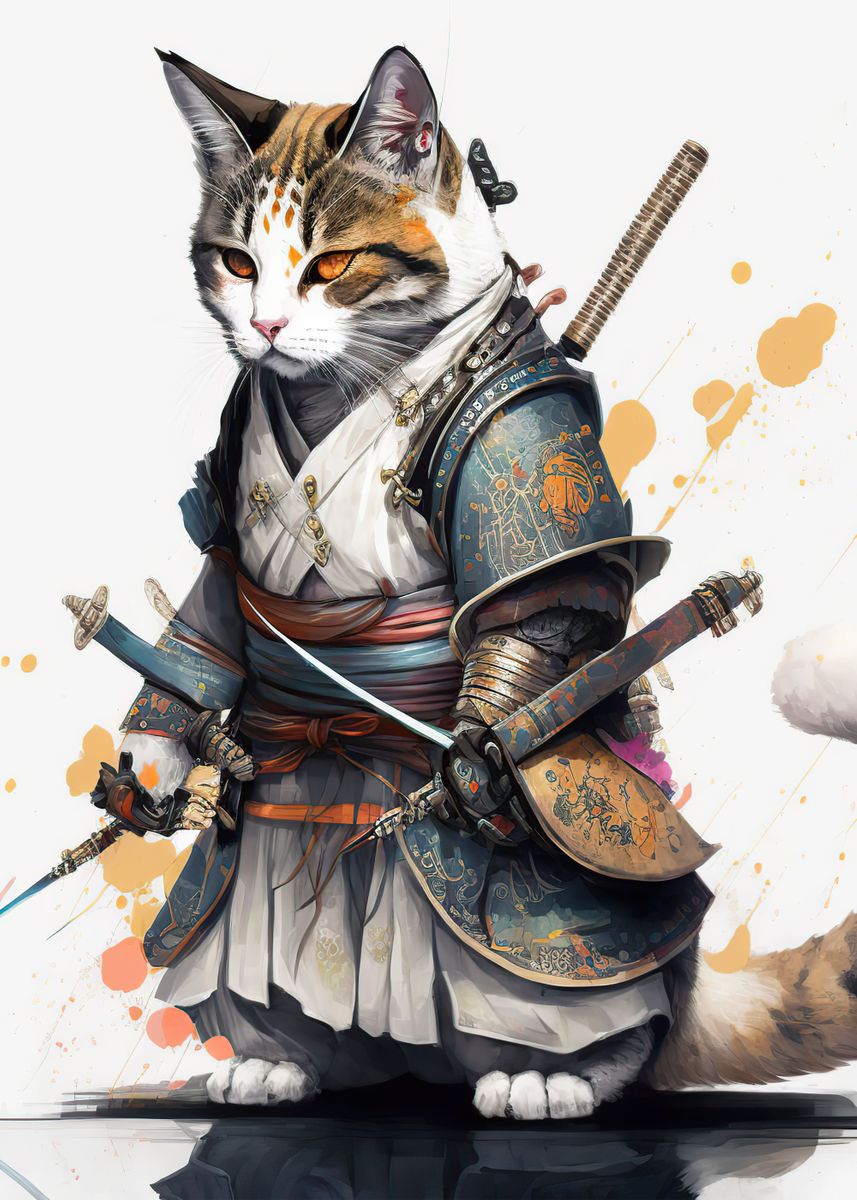 'Samurai Cat ' Poster, picture, metal print, paint by EPL Retro | Displate