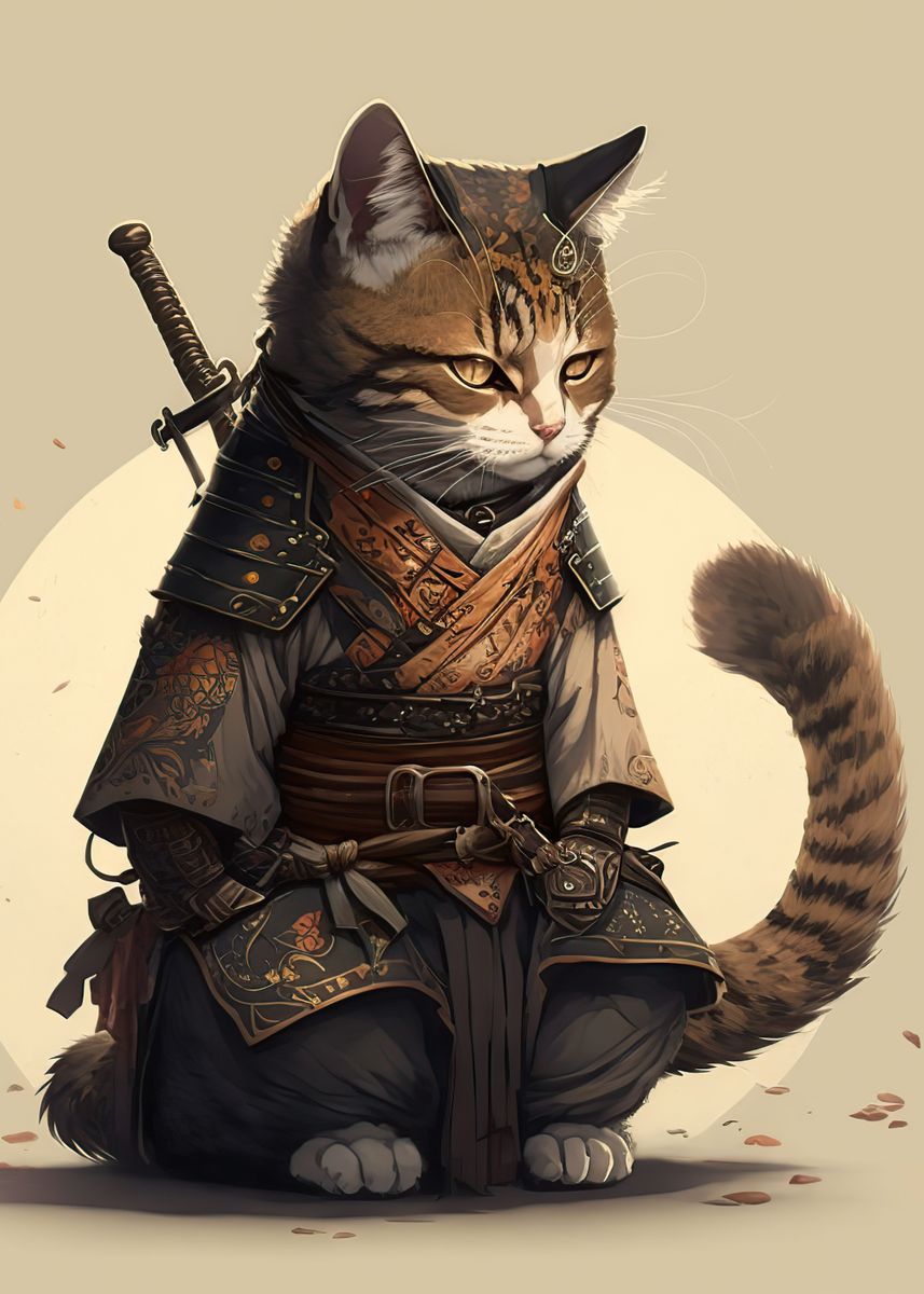 'Samurai Cat ' Poster, picture, metal print, paint by EPL Retro | Displate