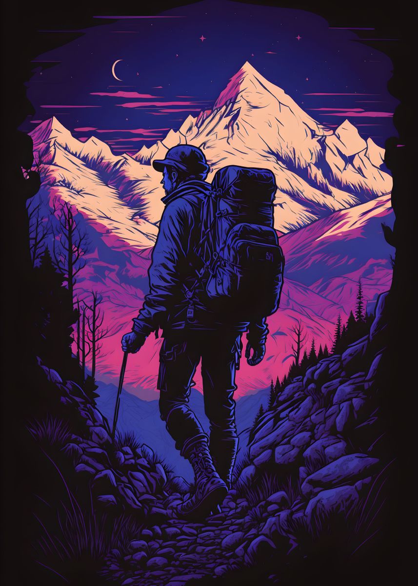 'Moutains Explorer at Night' Poster, picture, metal print, paint by ...