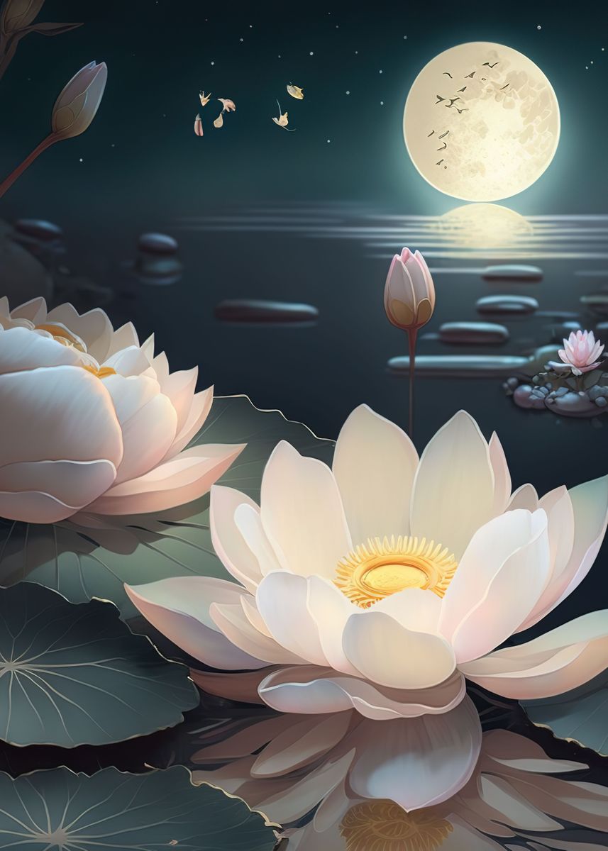 'Lotus and moon' Poster, picture, metal print, paint by Peter Li | Displate