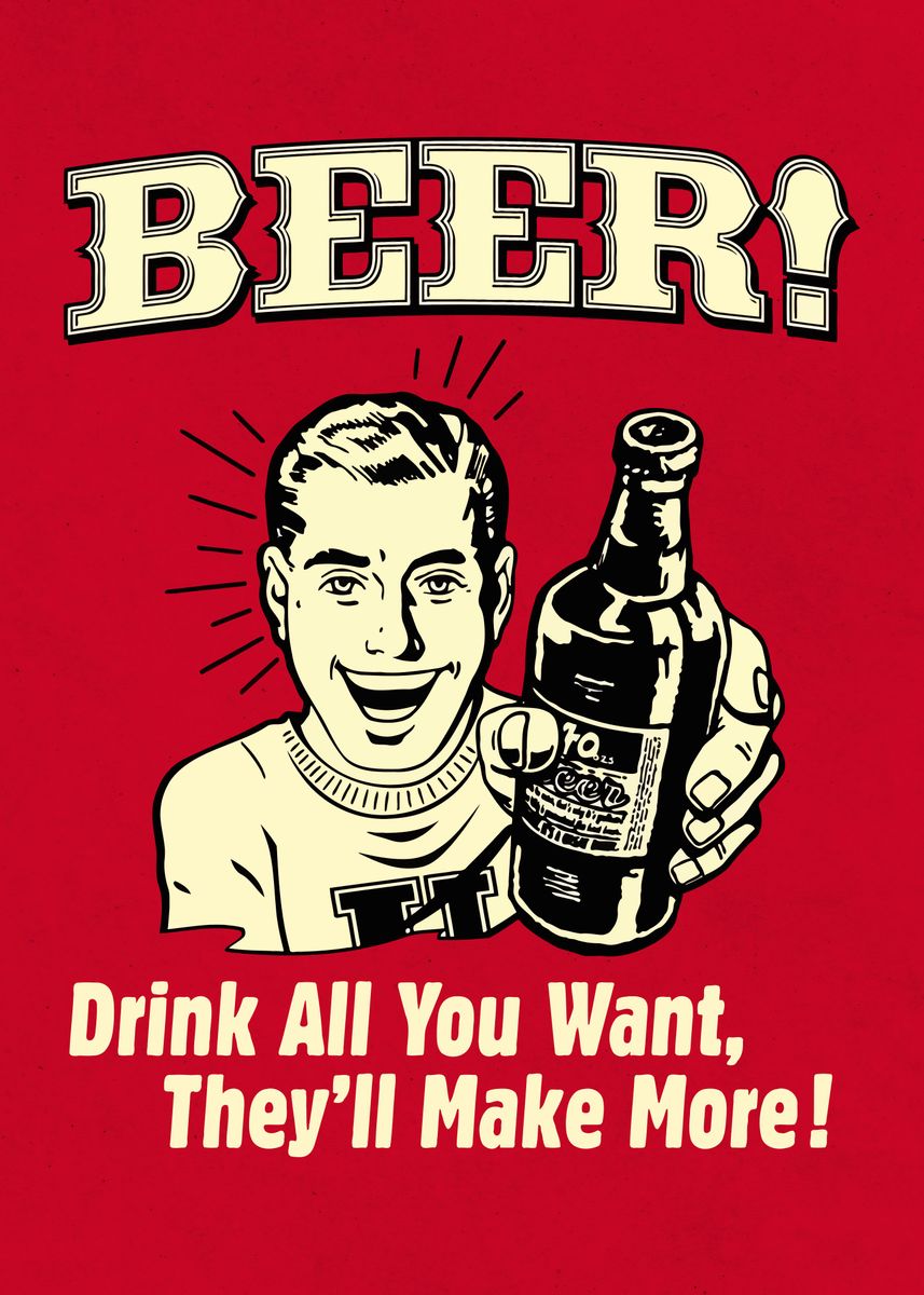 'Funny Drinking Beer' Poster, picture, metal print, paint by Wall Art ...